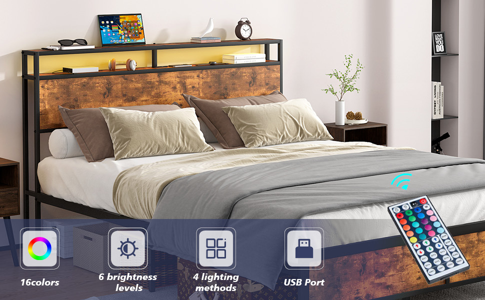 Amazon.com: HomJoones Modern Industrial Bed Frame with LED Lights,2 ...