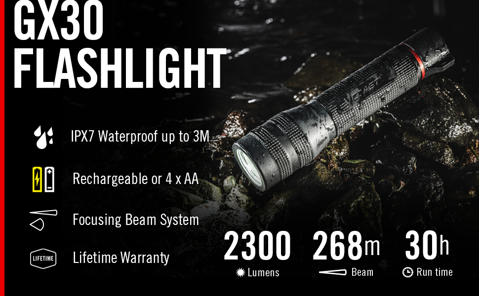 Coast GX30 - Linterna LED alcalina y recargable de doble alimentación de 2300 lúmenes ...