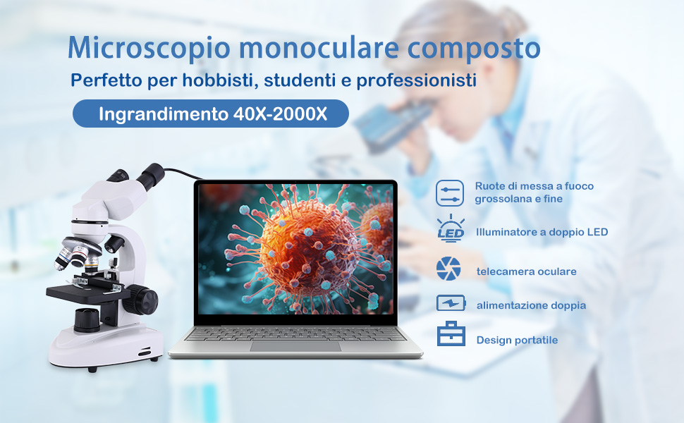 Misoterm Microscopio binoculare 40X-2000X per studenti adulti con doppio palcoscenico meccanico ...