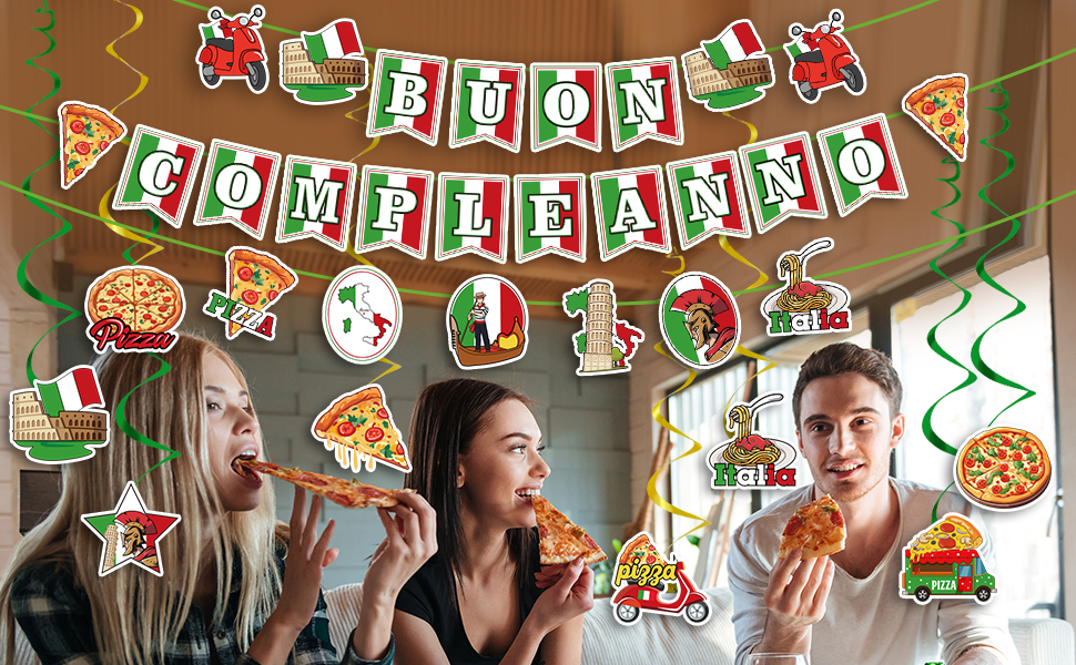 Amazon.com: Italian Pizza Party Decorations - Buon Compleanno Banner with Hanging Swirls Pizza ...
