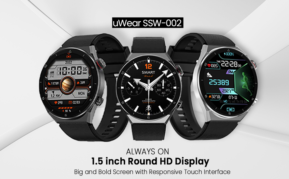 Salora uWear Smart watch with 1.5” Round Display, BT Calling, 250+ Watch Faces, Heart & SpO2 ...