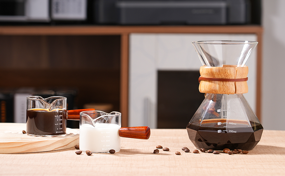 Amazon.com | 2 PCS Double Spouts Measuring Triple Pitcher Milk Cup with Wood Handle 75ML ...