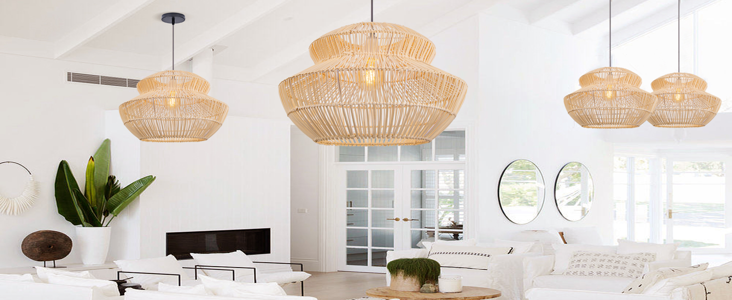 Arturesthome Hand Woven Rattan Pendant Light, Farmhouse Hanging Light ...