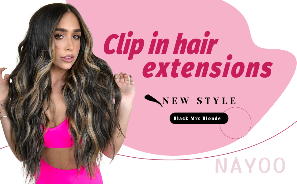 Amazon.com : NAYOO Clip in Hair Extensions for Women 20 Inch Long Wavy Curly Black Mix Blonde ...