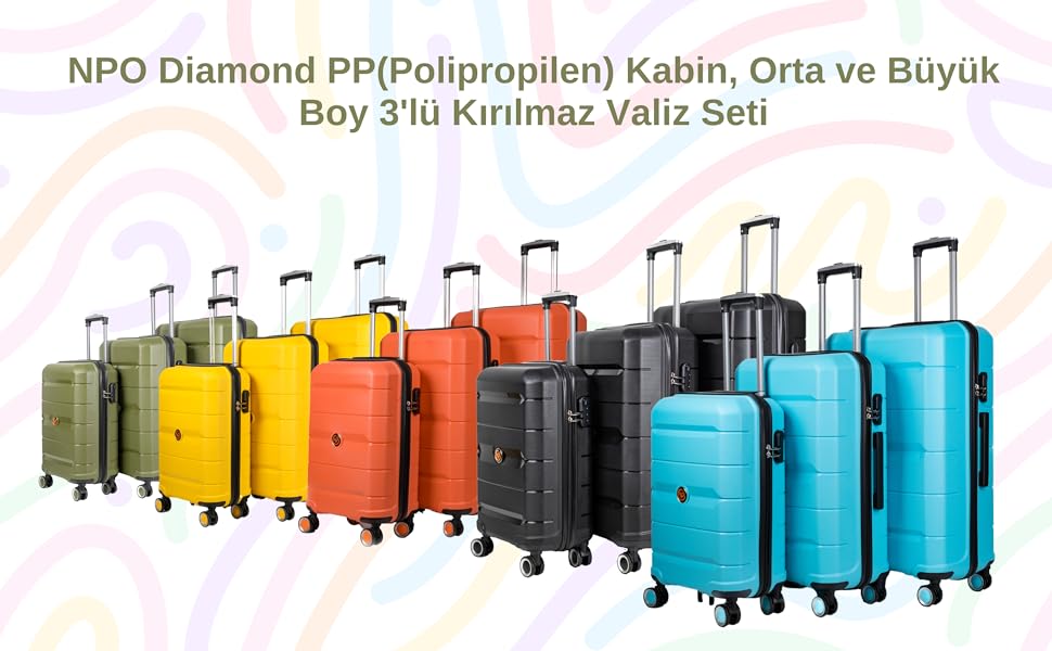 NPO Diamond PP(Polipropilen) Kabin, Orta ve Büyük Boy 3'lü Kırılmaz Valiz Seti : Amazon.com.tr: Moda