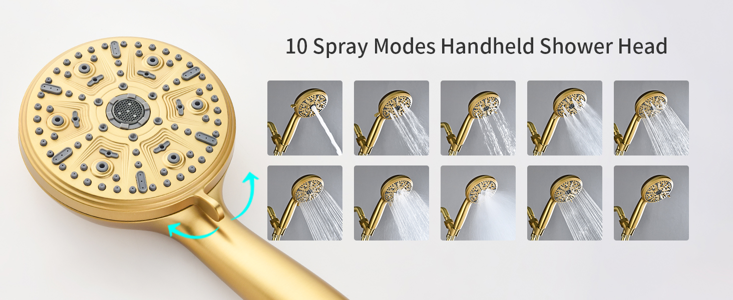 2 Handles Tub Shower Faucet Set with 10 Spray Handheld Shower Brushed Gold Shower System with ...