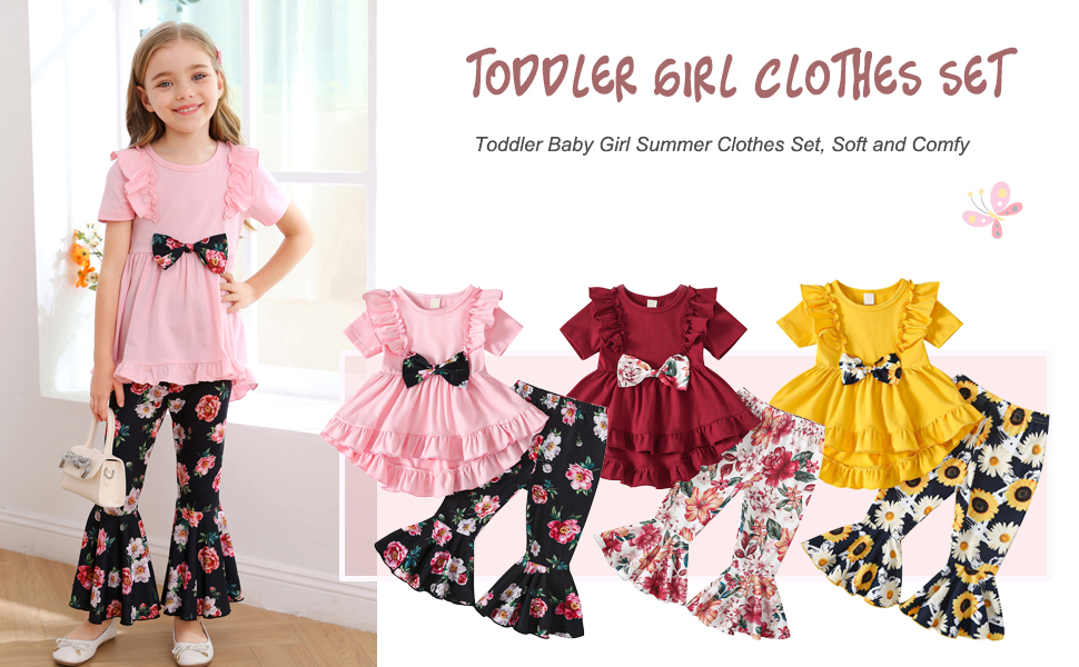 puseky Toddler Baby Girl Clothes Bell Bottoms Outfit Short Sleeve Ruffles Shirt and Floral ...