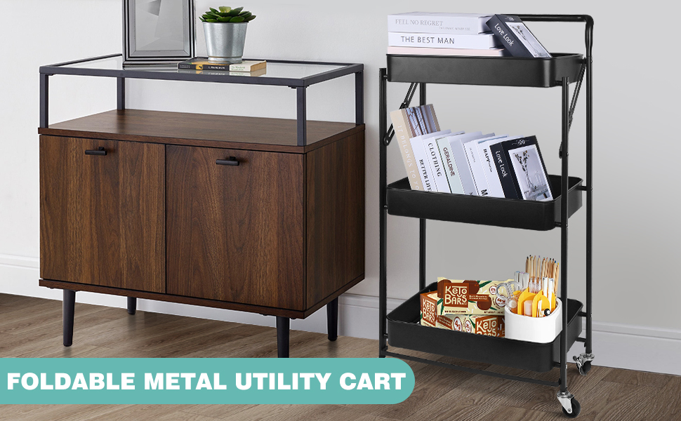 Amazon.com: SAgolrb 3 Tier Foldable Rolling Cart, Metal Utility Cart with Lockable Wheels ...