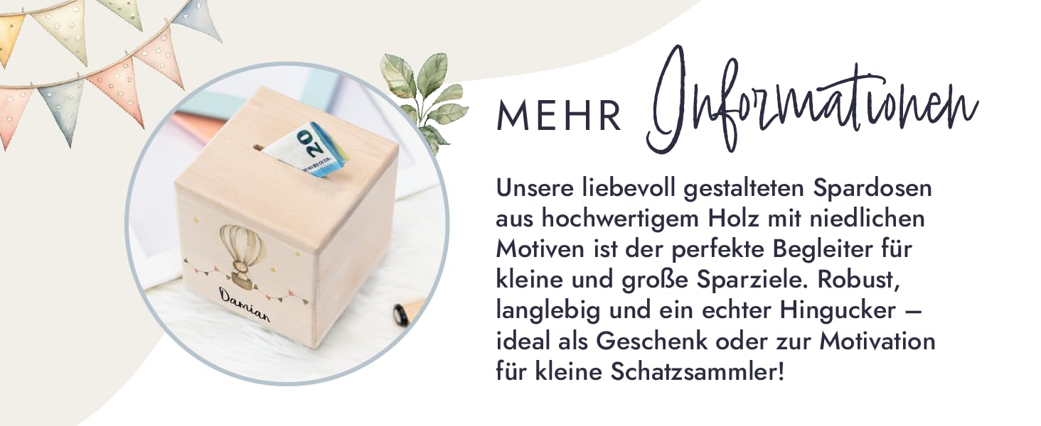 Geschenkfreude Spardose personalisiert mit Namen aus Holz - 10x10cm Holzspardose mit Schloss ...