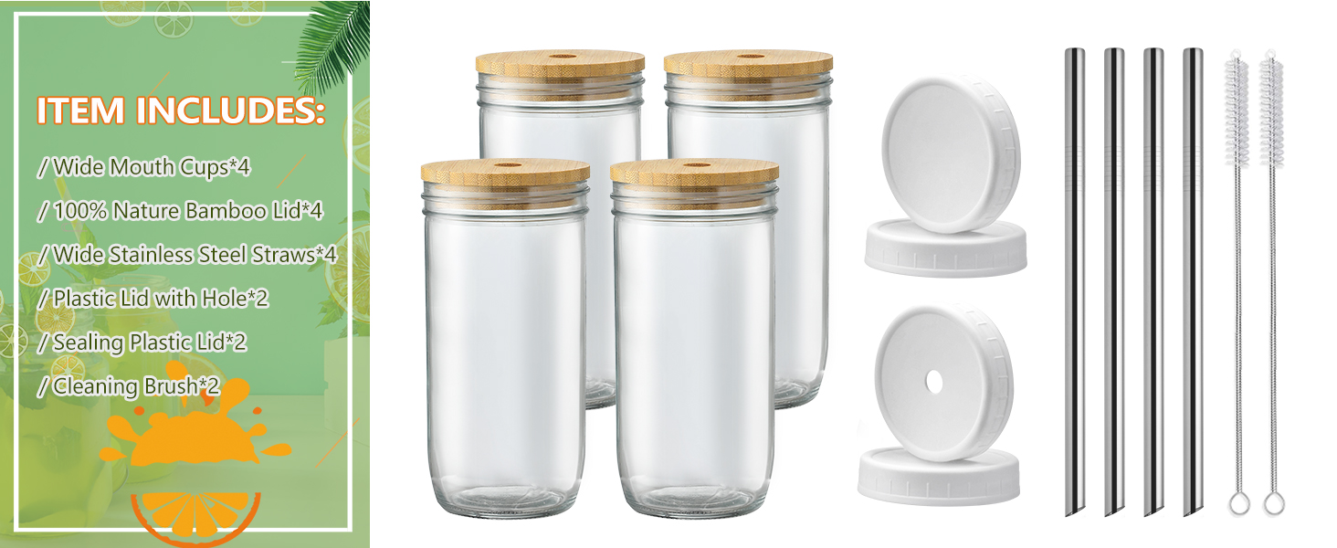 Amazon.com: NETANY [ 4 Pack ] Glass Cups Set - 24oz Mason Jar Drinking Glasses w Bamboo Lids ...