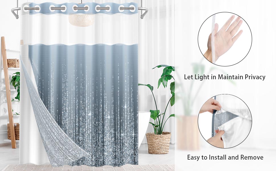 Amazon.com: Nesphy No Hook Silver Dots Blue Shower Curtain with Snap in Fabric Liner Set ...