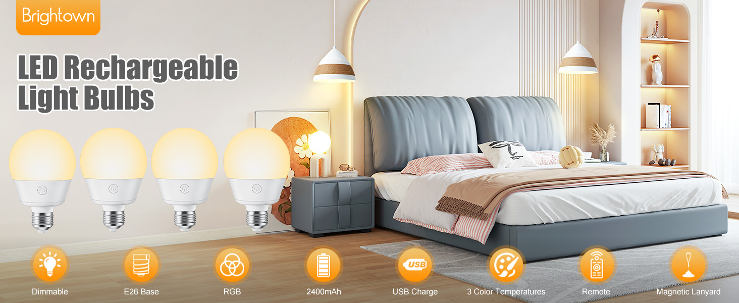 Brightown E26 Rechargeable Light Bulb with Remote and Timer, Battery ...