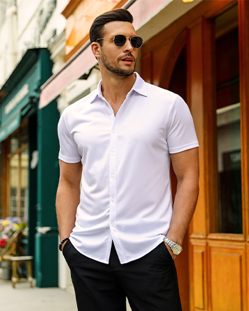 Amazon.com: URRU Men's Muscle Dress Shirts Slim Fit Stretch Wrinkle Free Short Sleeve Casual ...