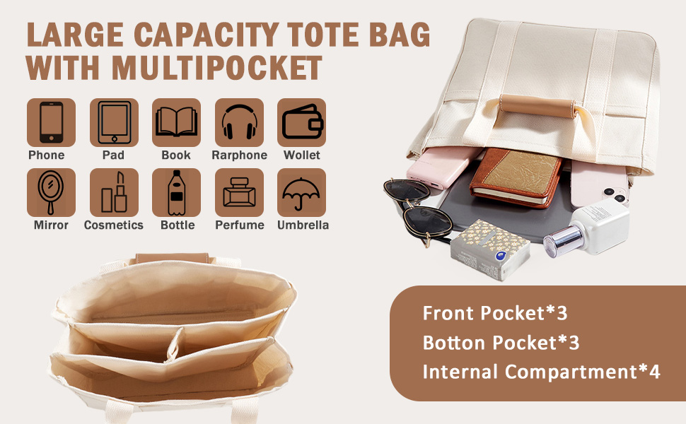 Amazon.com: PILCAVE Multi Pocket Canvas Tote Bag for Women Large Capacity Versatile Shoulder ...