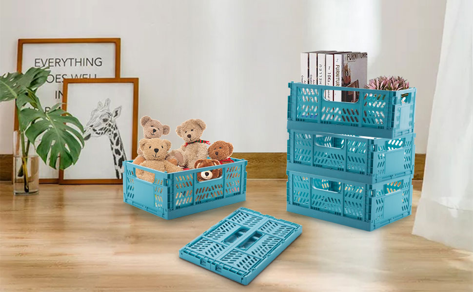 Olyzer 4 Pack Plastic Storage Basket, Folding Storage Box Crate ...