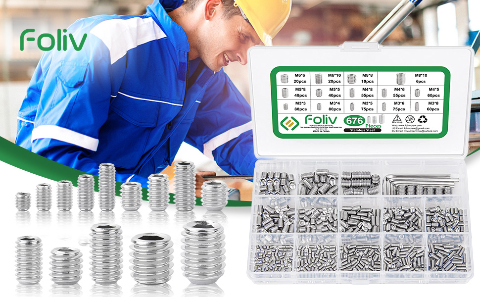 Foliv 676 Stück Madenschrauben Sortiment Set Edelstahl M3 M4 M5 M6 M8 Madenschrauben ...