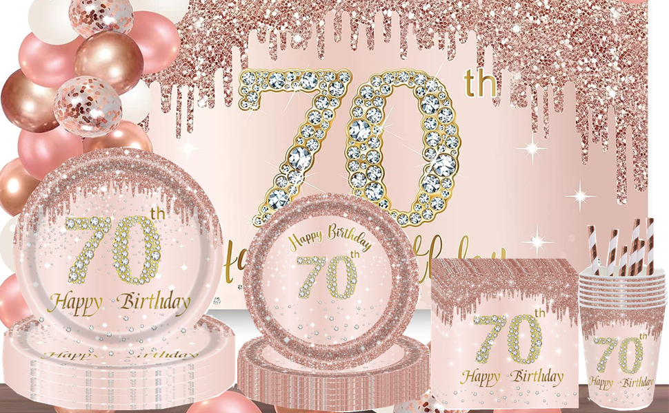 70th Birthday Party Supplies-Complete Pack 70th Birthday Party Tableware Set Rose Gold 70th ...