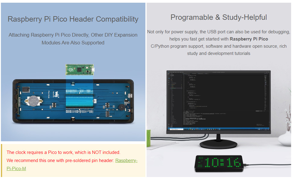 Amazon.com: Waveshare Rectangle Electronic Clock for Raspberry Pi Pico ...