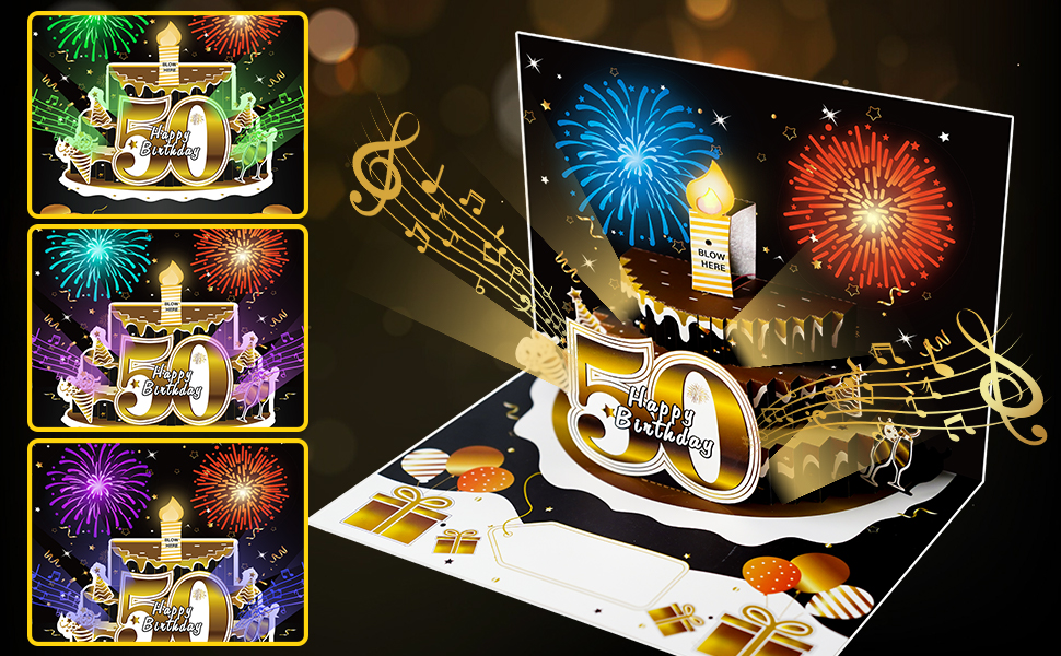 Amazon.com : Turypaty 50th Birthday Cards Pop Up 3D Cake - Firework & Music & Blow Out Candle ...
