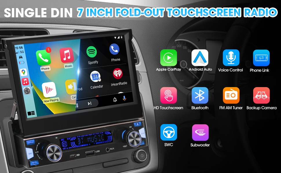 Amazon.com: Single Din Wireless CarPlay Stereo: 7 Inch Motorized Flip Out Touchscreen Car Radio ...