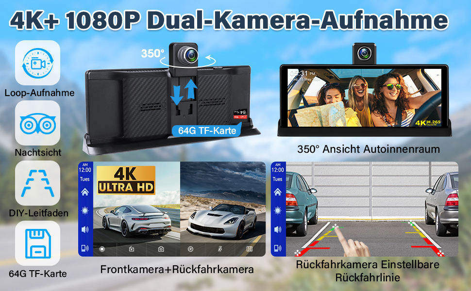 4K Carplay Display mit 350° Drehen Dashcam Auto Vorne, 10,26 Zoll ...