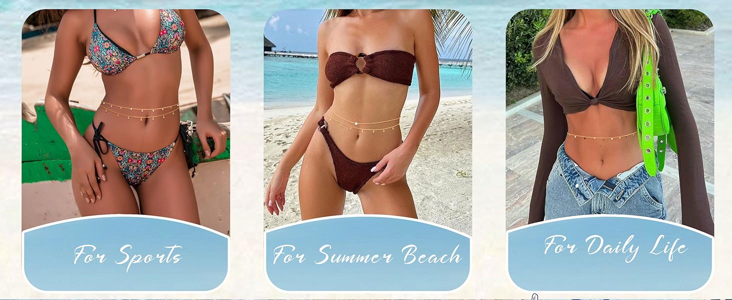 LOLIAS 6Pcs 14K Gold Plated Waist Chains Body Chains for Women Layered Bikini Belly Chains For ...