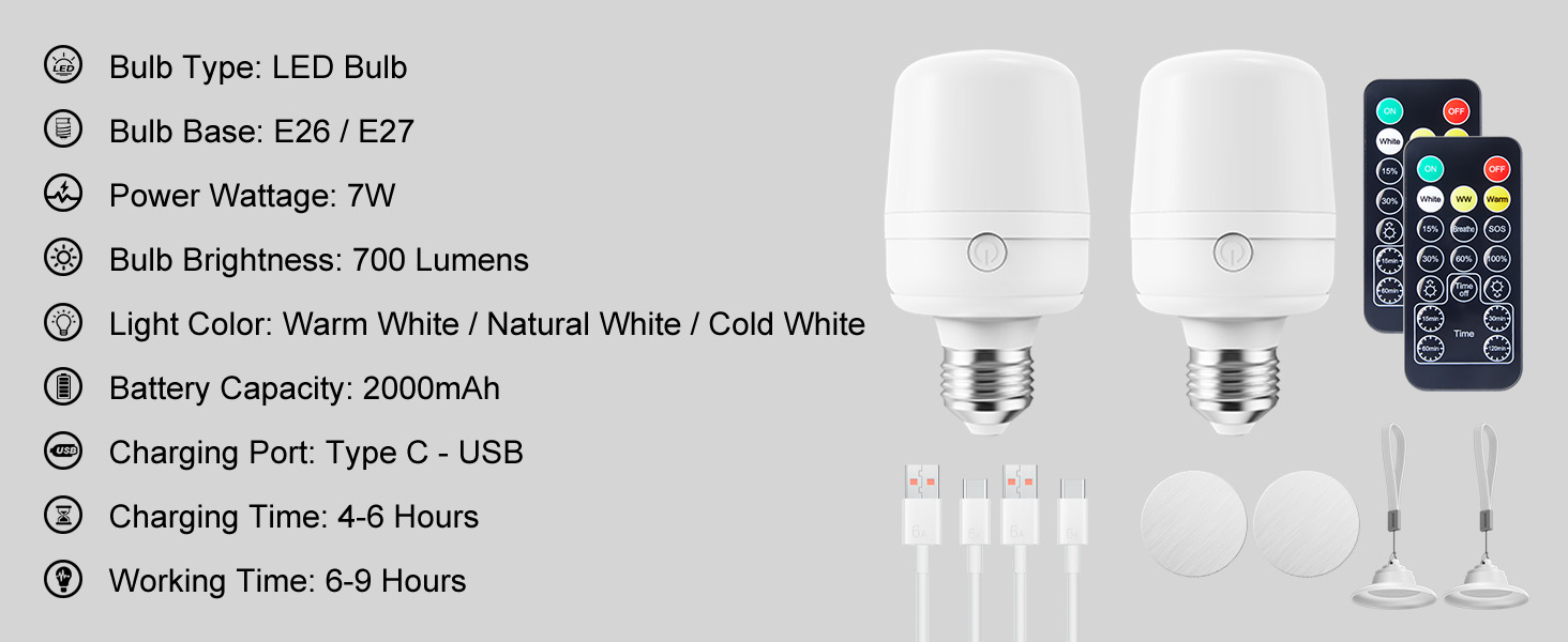 Brightown E26 Rechargeable Light Bulb with Remote and Timer, Battery ...