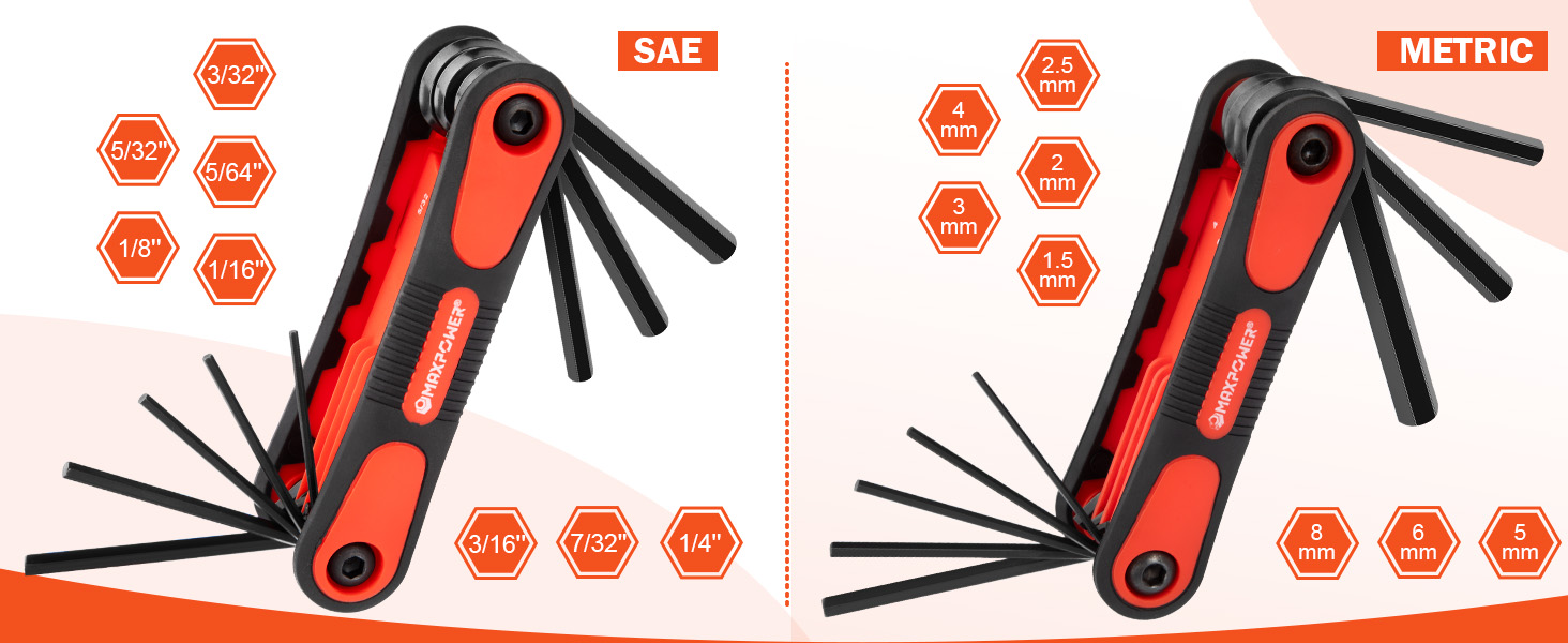 MAXPOWER Juego de llaves hexagonales plegables, llaves Allen de 16 piezas, llaves hexagonales de ...
