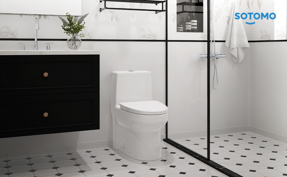 SOTOMO Elongated One Piece Toilet, 12" Rough-In, Compact Design for Bathrooms, 1.1/1.6 GPF Dual ...