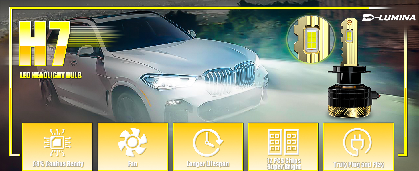 D-Lumina H7 Canbus LED Bulbs, 120W 30000LM Golden Key LED Kit High Lumens White 6500K, IP68 ...