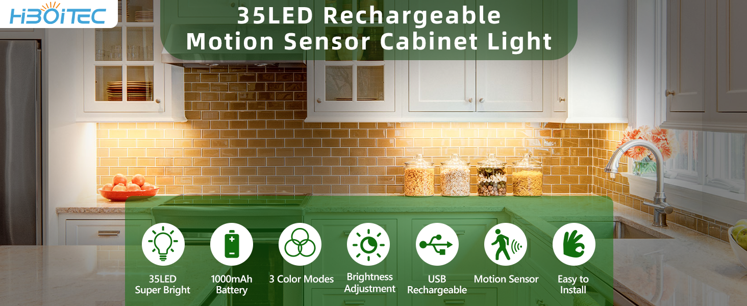 HIBOITEC 3 Color Under Cabinet Kitchen Lights, Stepless Dimming Motion Sensor Lights Indoor ...