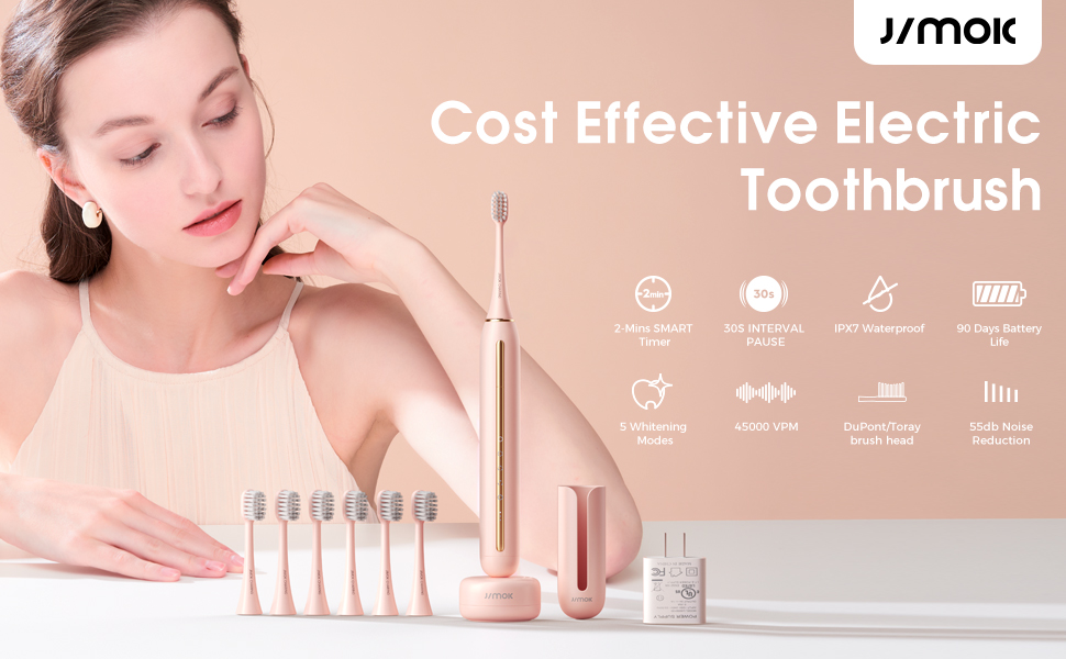 Amazon.com: JIMOK Sonic Electric Toothbrush for Adults, Pink, 3Dupont & 3Toray Brush Heads, 1 ...