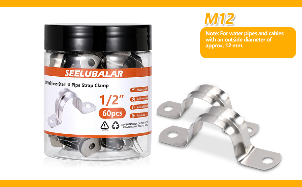 SEELUBALAR M12 Pipe Clamps, 1/2 Inch 304 Stainless Steel Conduit Clamps, 2 Hole Strap U Bracket ...