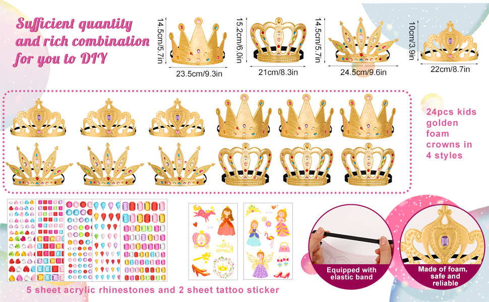 24pcs Foam Crowns Tiaras with Diamond Tattoo Sticker Make Your Own Princess Queen King Hats DIY ...