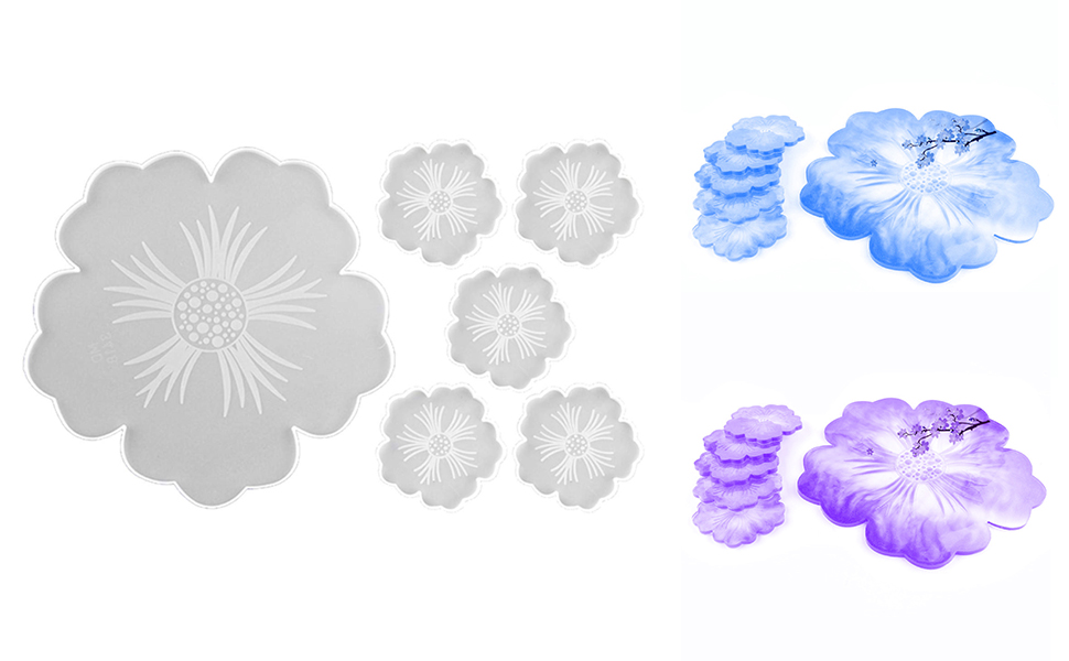 ORNOOU 6 Pieces Large Silicone Flower Coaster Resin Casting Making Mold Resin Coaster Molds ...