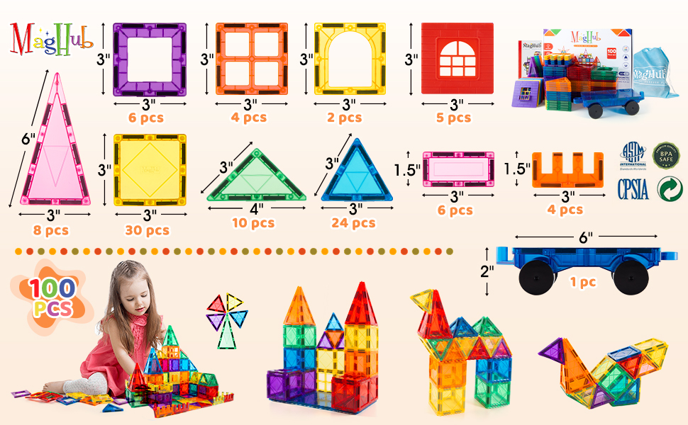 MagHub 100PCS Building Blocks Kids Magnetic Tiles, Clear 3D Magnets for Preschool Magnetic Toys ...