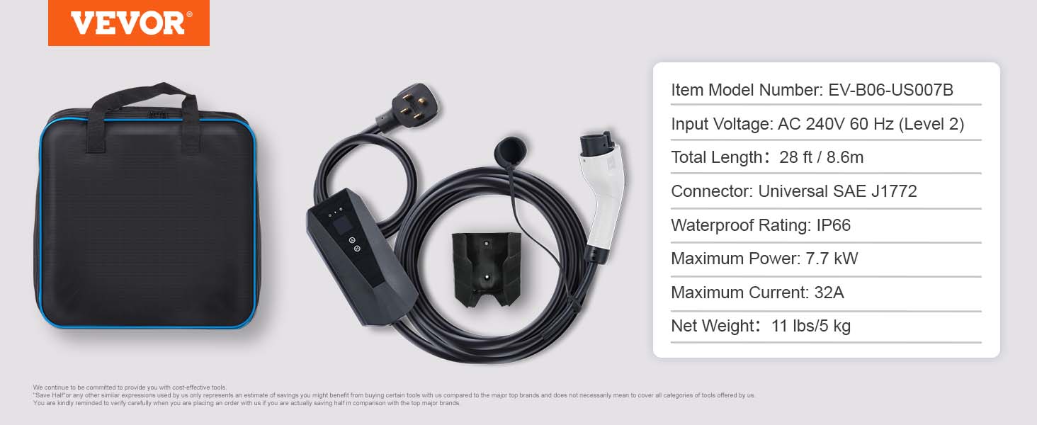 VEVOR Level 2 Portable EV Charger, 32 Amp 240V, Electric Vehicle Charger with 25 ft Charging ...