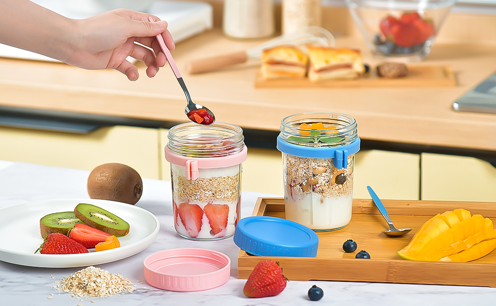 Amazon.com: DRKIO 4 Pack Overnight Oats Containers with Lids and Spoons 16 Oz Glass Mason Jars ...