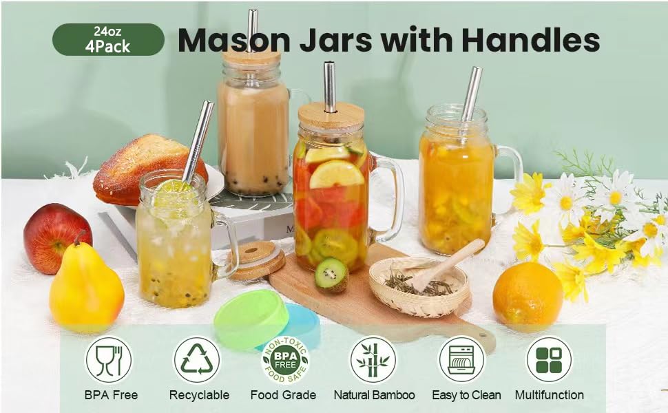 Amazon.com: GAGAMOTEYA 4 Pack Mason Jar Coffee Cups with Handle, 24oz Glass Cups with Bamboo ...
