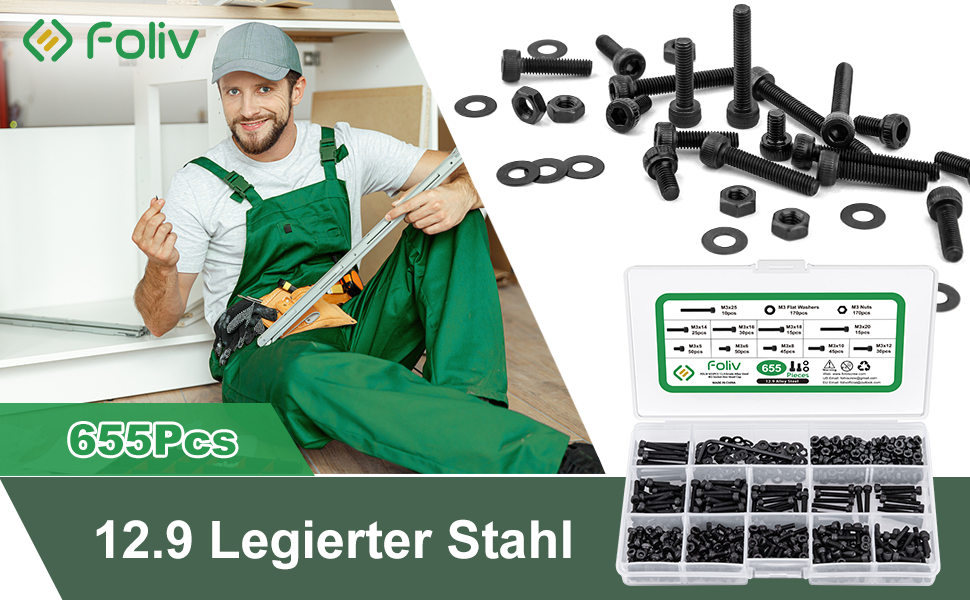 Foliv 655PCS M3 Schrauben Set,Kohlenstoffstahl Schwarz Schrauben und Muttern Unterlegscheiben ...