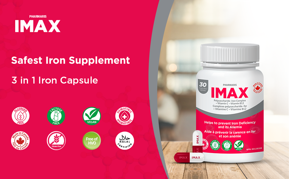 Pharmaris IMAX 150 mg Iron Supplement, 250 mg Vit C, 1000 mcg Vit B12, 30 Capsules, Treatment ...