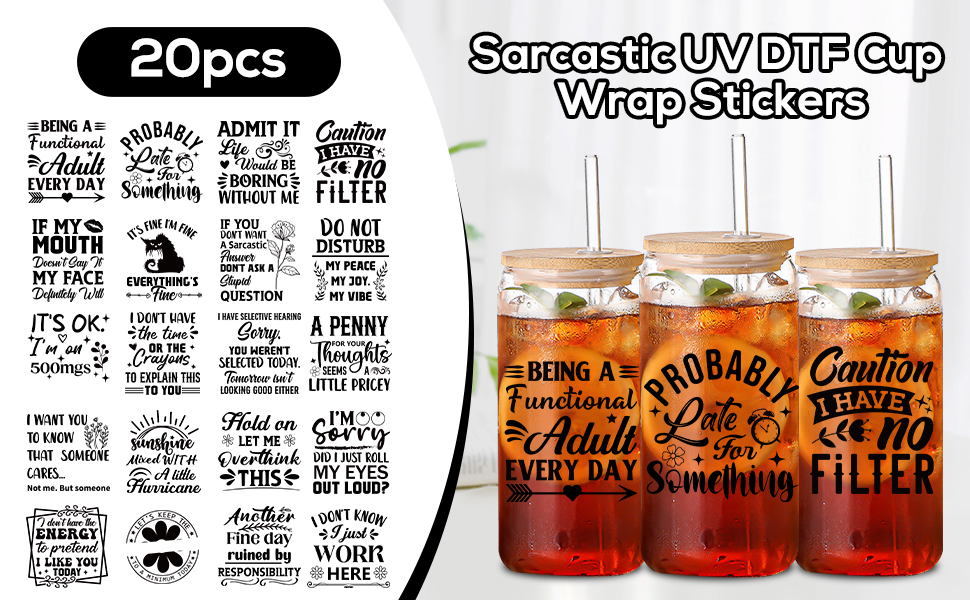 Amazon.com: Shejdgart UV DTF Cup Wrap - 20 Sheets Sarcastic UV DTF Cup Wraps for 16 OZ Black ...