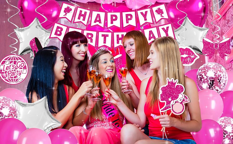 Amazon.com: Pink Birthday Party Decorations for Girls - (Total 85pcs) Pink Glitter Happy ...