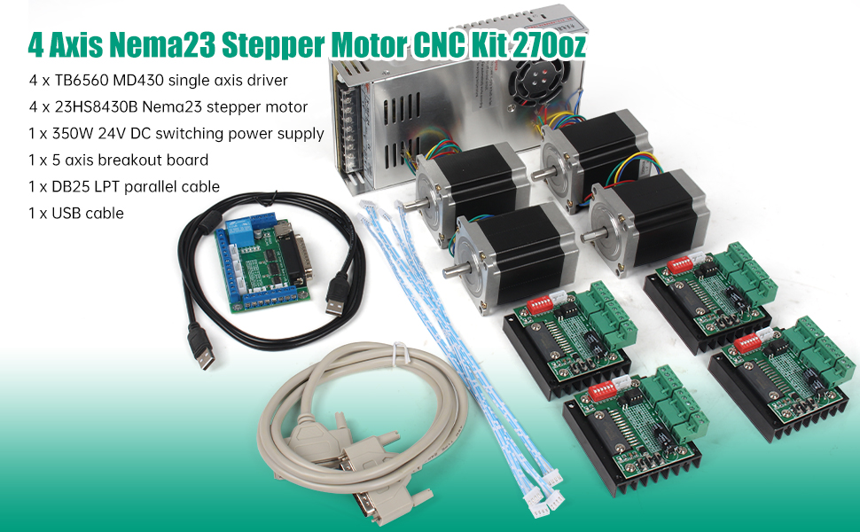 RATTMMOTOR 4 Axis Nema23 Stepper Motor CNC Kit 270oz-in 76mm 3A Dual Shaft,TB6560 MD430 Driver ...