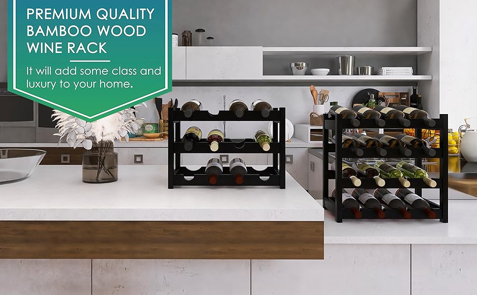 Amazon.com: SMIBUY Bamboo Wine Rack, 12 Bottles Display Holder, 3-Tier Free Standing Storage ...