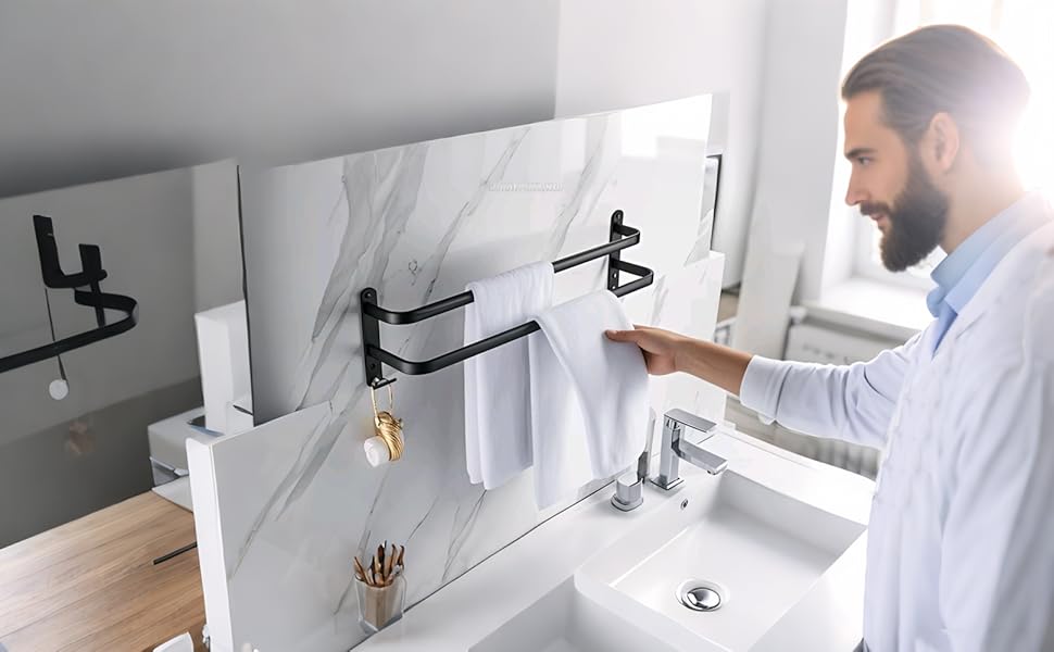 Badezimmer Handtuchhalter, Handtuchregal Schwarz Matt Handtuchstange mit Handtuchhaltern und ...