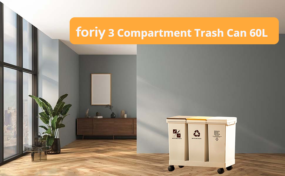 foriy 3 Compartment Trash Can 60L/16Gallon Sorting Garbage Bin Garbage Cans with Wheels ...