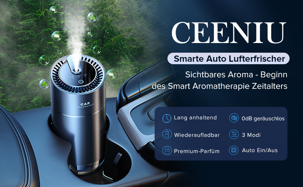 Ceeniu Car Air Freshener, Ultrasonic Atomiser, 3 Intelligent Modes, Auto On/Off, Built-in ...