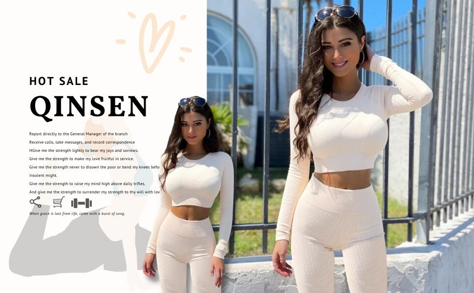 Amazon.com: QINSEN Seamless Workout Outfits for Women 2 Piece Ribbed Long Sleeve Crop Top Tummy ...