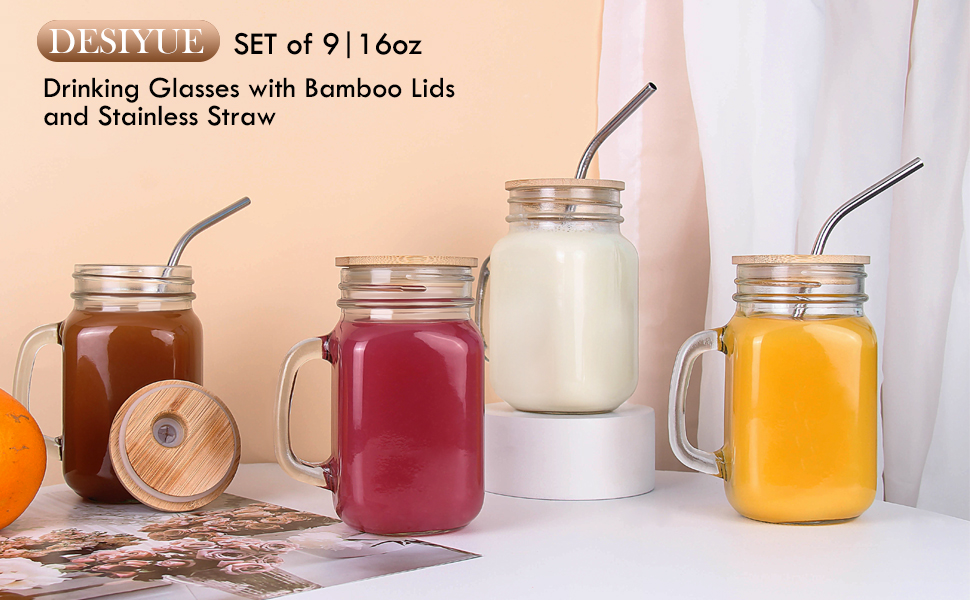 Amazon.com: DESIYUE 9 Pack 16 Oz Mason Jar with Bamboo Lid and Straw, Mason Jar Cups, Mason Jar ...